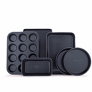 Calphalon Nonstick Bakeware Set, 6-Piece Set Includes Baking Sheet, Cake, Muffin, and Loaf Pans, Dishwasher Safe, Black