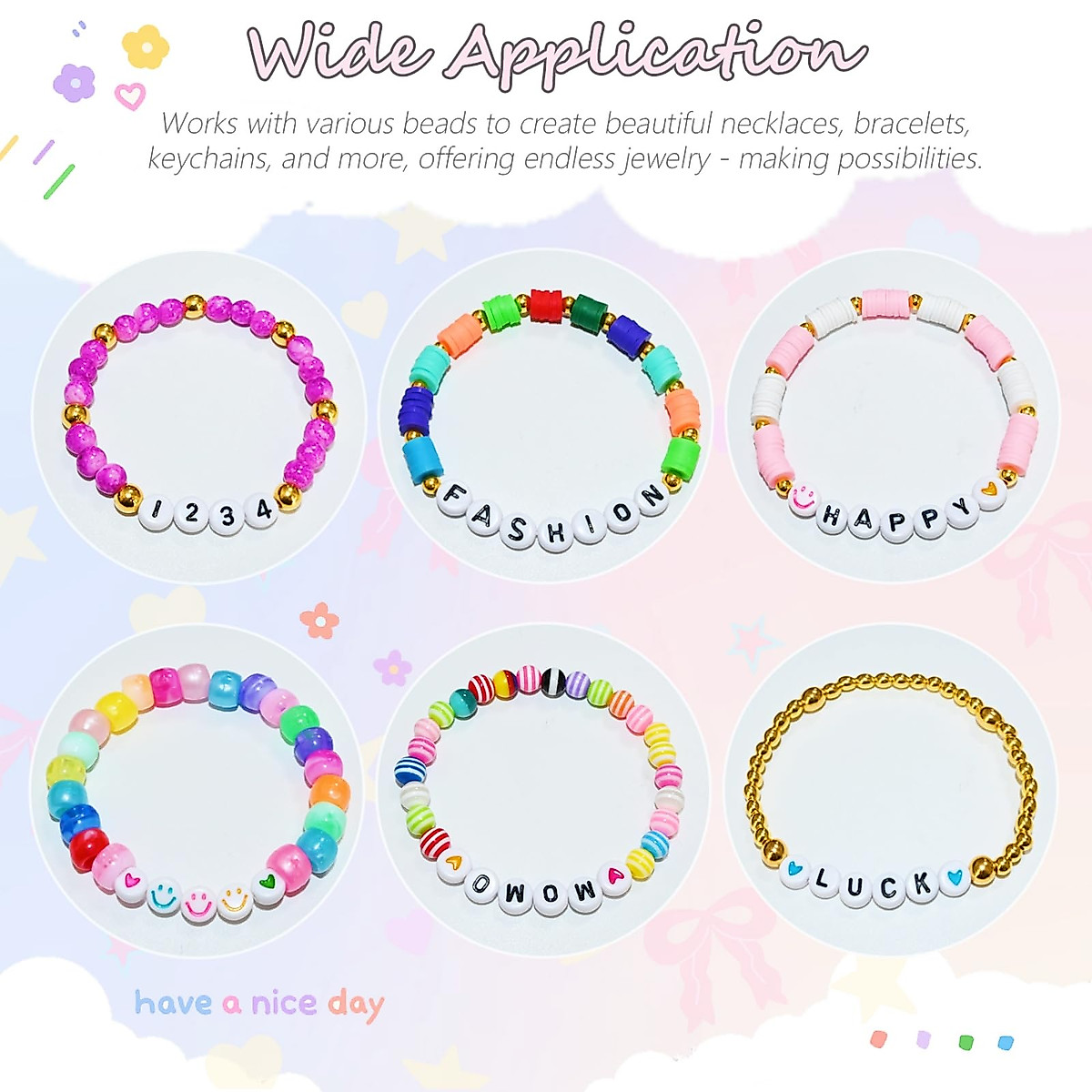 Amaney 1400 Pieces 4x7mm White Round Acrylic Alphabet Letter Beads A-Z Heart Pattern Beads and Crystal Line for Jewelry Making Bracelets Necklaces Key Chains