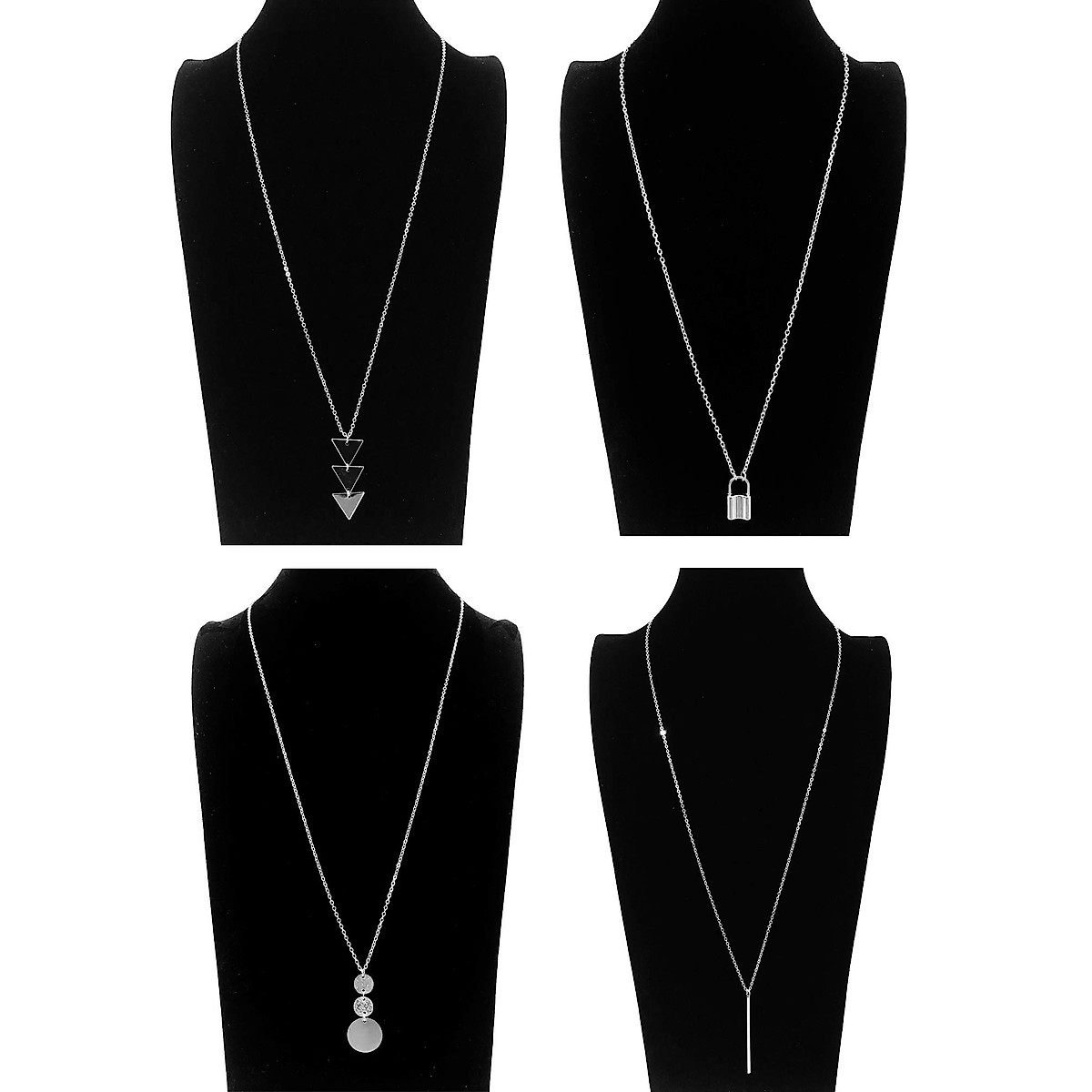 Ofeiyaa 10Pcs Long Pendant Necklace Simple Moon Bar Three Triangle Tassel Lock Sweater Y Shape Punk Chain Choker Necklace for Adults Women Silver Tone
