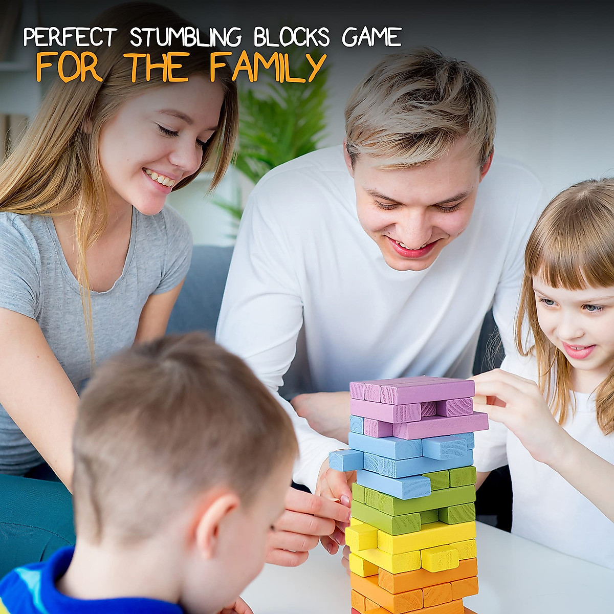 Pidoko Kids Wooden Stacking Building Blocks (49 Pcs) - Colorful Tumbling Blocks Board Games for Family Game Night - Montessori Toys Gifts, includes Storage Bag