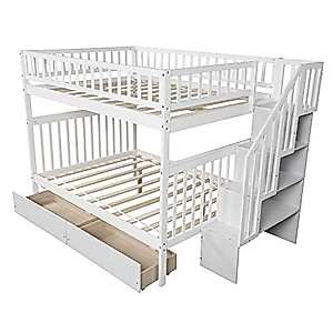 Full Over Full Bunk Beds, Solid Wood Full Bunk Beds with Two Drawers, Inner Bookcase and Stairway for Kids and Teenages, White