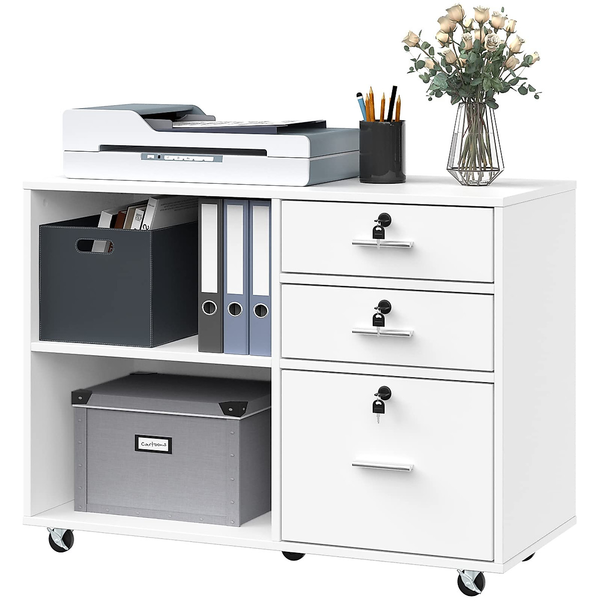 YITAHOME Wood File Cabinet, 3 Drawer Mobile Lateral Filing Cabinet, Storage Cabinet Printer Stand with 2 Open Shelves for Home Office Organization,White