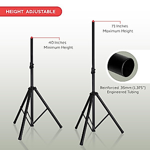 Pyle Universal Speaker Stand Mount Holder Heavy Duty Tripod w/ Adjustable Height from 40” to 71” and 35mm Compatible Insert Easy Mobility Safety Pin and Knob Tension Locking for Stability, Black