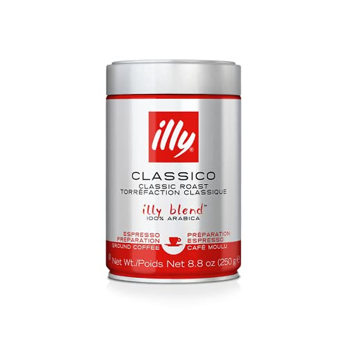 illy Classico Ground Espresso Coffee, Medium Roast, Classic Roast with Notes Of Caramel, Orange Blossom and Jasmine, 100% Arabica Coffee, All-Natural, No Preservatives, 8.8 Ounce Can (Pack of 6)