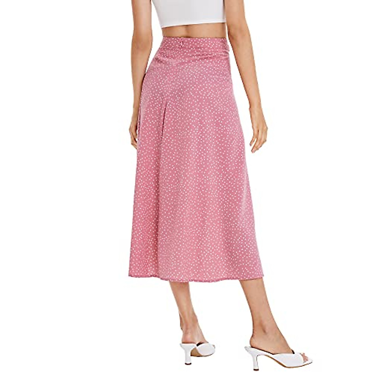 SheIn Women's Polka Dot A-Line Button Side Split Midi Knee Length Skirt Watermelon Pink Large