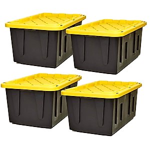 HOMZ 15-Gallon Durabilt Plastic Stackable Storage Organizer Container w/Snap Lid and Hasps for Tie-Down Straps or Locks, Black/Yellow (4 Pack)