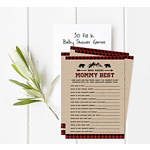 Inkdotpot Gender Neutral 50-Pack Who Knows Mommy Best Rustic Kraft Baby Shower Game Cards Lumberjack Fun Activity Cards