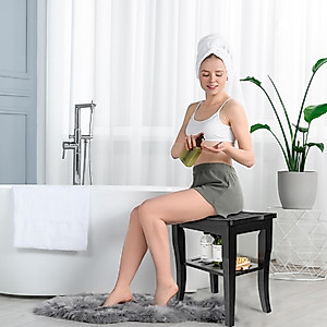 Besilord Bamboo Shower Bench 2-Tier with Storage Shelf Black, Waterproof Shower Benches for Inside Shower, Shower Chair Seat for Adults Elderly Seniors for Indoor and Outdoor Use