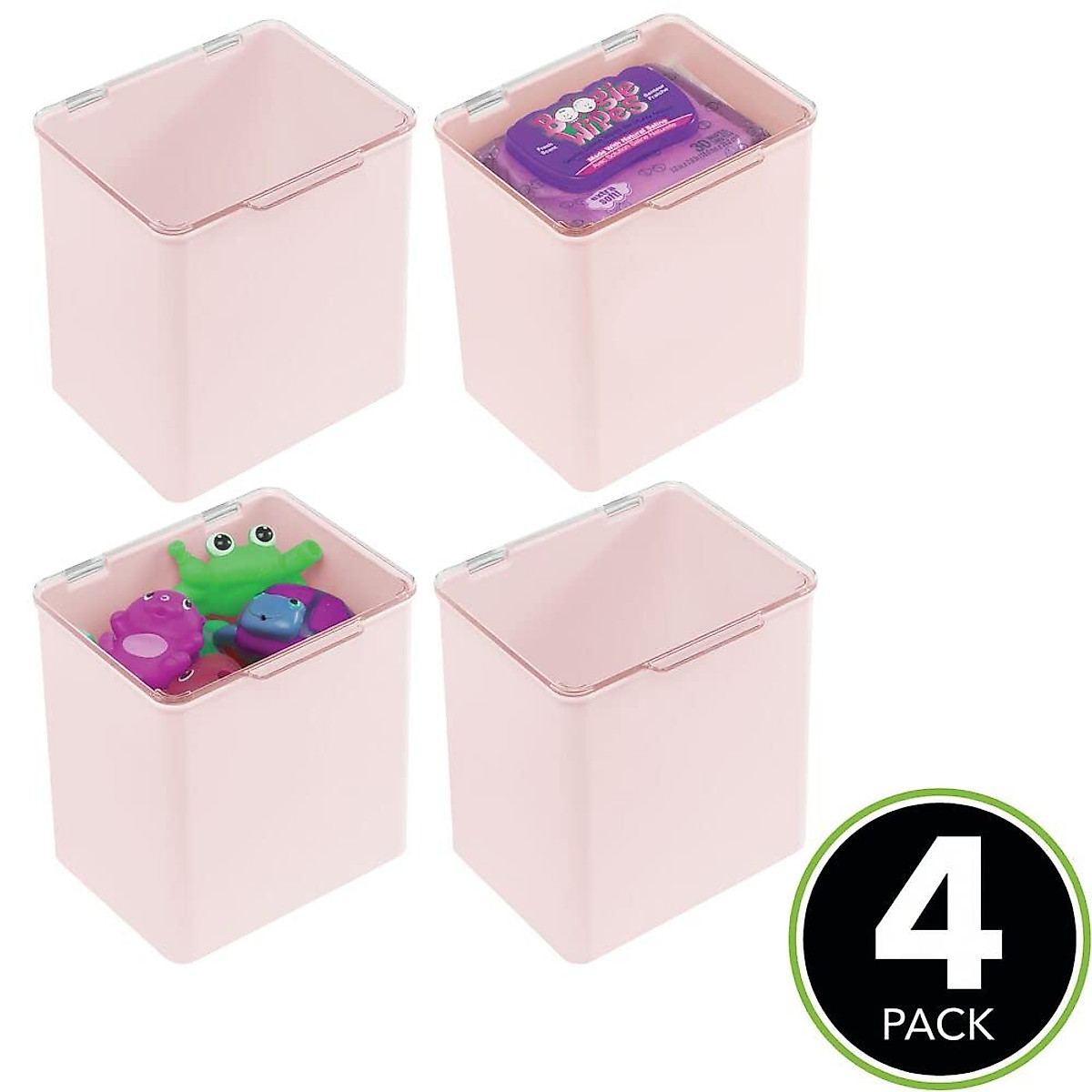 mDesign Plastic Stackable Box Household Storage Container with Attached Hinged Lid - Organizer for Entryway, Mudroom, Closet, Kitchen, Bathroom, Garage Kid's Room, Craft, 4 Pack - Light Pink/Clear