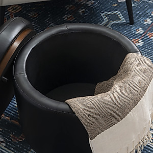 Linon Lexington Black Faux Leather Round Storage Ottoman with Wood Accent