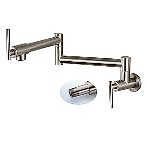 Cinwiny Brushed Nickel Pot Filler Wall Mount Kitchen Restaurant Sink Faucet Stainless Steel Stretchable Commercial Faucet with Folding Double Joint Swing Arm Single Hole Two Handles