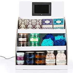 Displays2go Countertop Cardboard Shelving with 7" Digital Display – White (TBSH3WTDG)