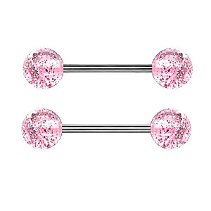Pierced Owl 14GA Super Glittery Acrylic Ball Ends Grade 23 Solid Titanium Barbell Nipple Rings, Sold as a Pair (Pink)