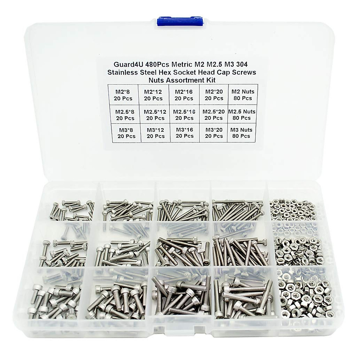 Guard4U 480Pcs Metric M2 M2.5 M3 304 Stainless Steel Hex Socket Head Cap Screws Nuts Assortment Kit