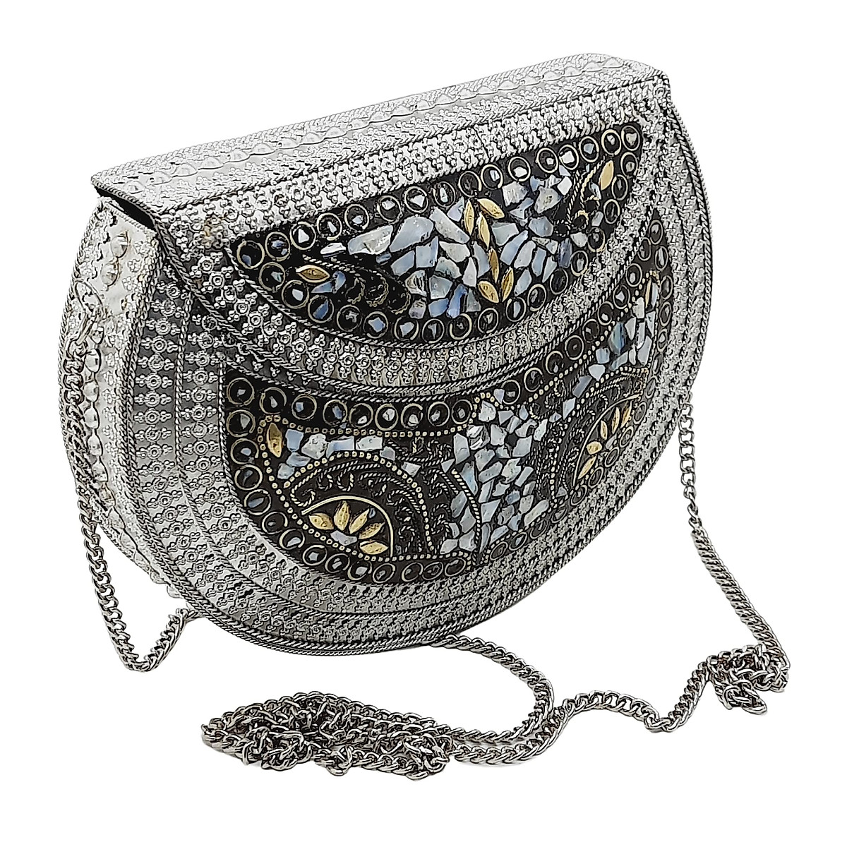 Ethnic Clutch Vintage Handmade metal Mosaic stone Shell purse Handbag for women Party Bag Special occasion accessories