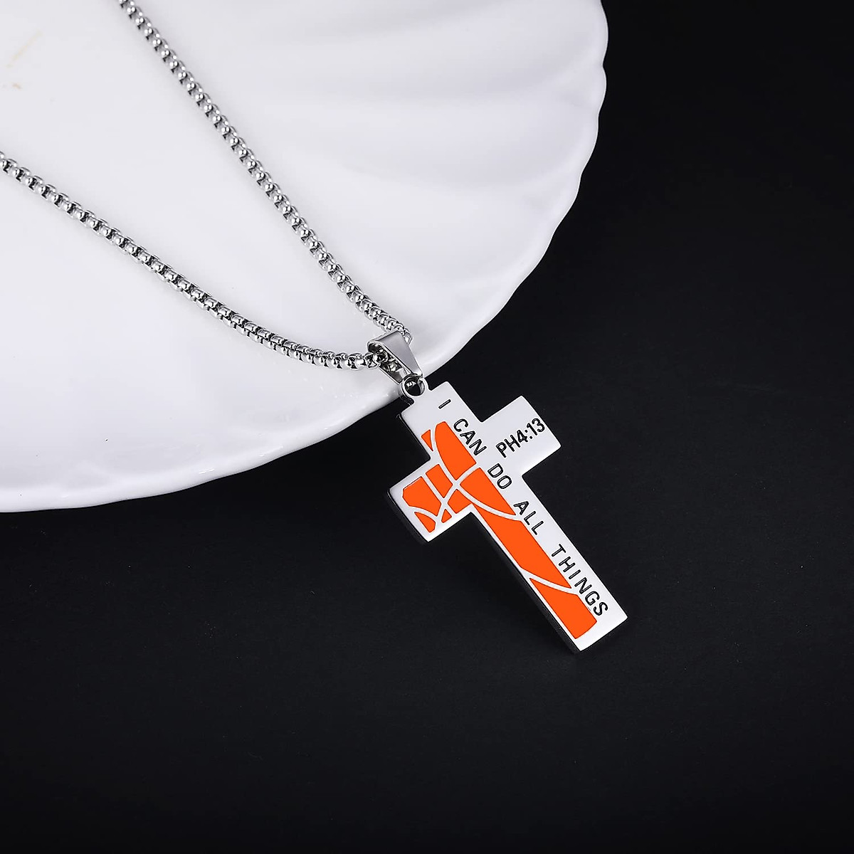 Susook Basketball Cross Necklace for Men Bible Verse I CAN DO All Things Stainless Steel Sport Pendant for Men(Silver)