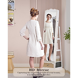 Full-Length Standing Mirror Jewelry Cabinet with Lights, Storage, and Rotating Shelf - White