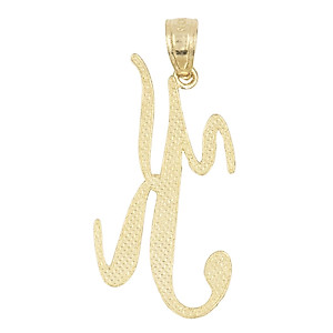 Ice on Fire Jewelry 14k Solid Real Gold Cursive Initial Pendant, English Alpahbet A-Z Letter Charm with Diamond Cut (K)