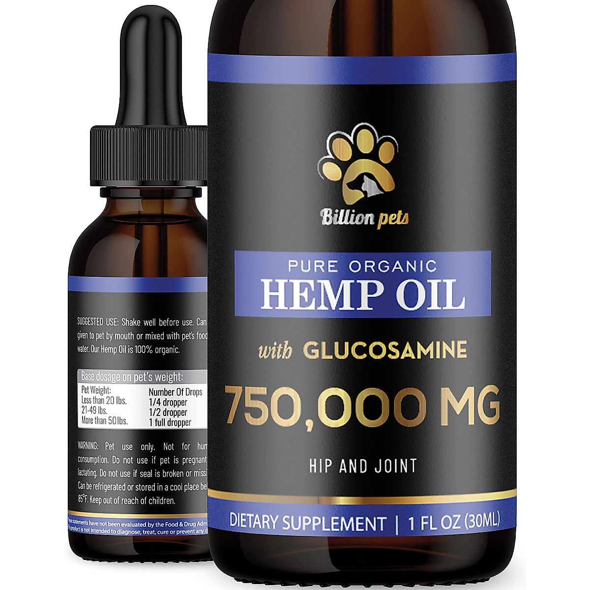 Billion Pets Hemp Oil for Dogs and Cats – Pure Organic Extract Calming Aid Drops with Glucosamine for Hip Support, Immune Function, Balanced Mood and Skin Health
