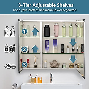 MOVO Double Doors Medicine Cabinet with Mirror, 30 inch X 26 inch Aluminum Bathroom Medicine Cabinet, Adjustable Glass Shelves, Waterproof and Rust-Resist, Recess or Surface Mount