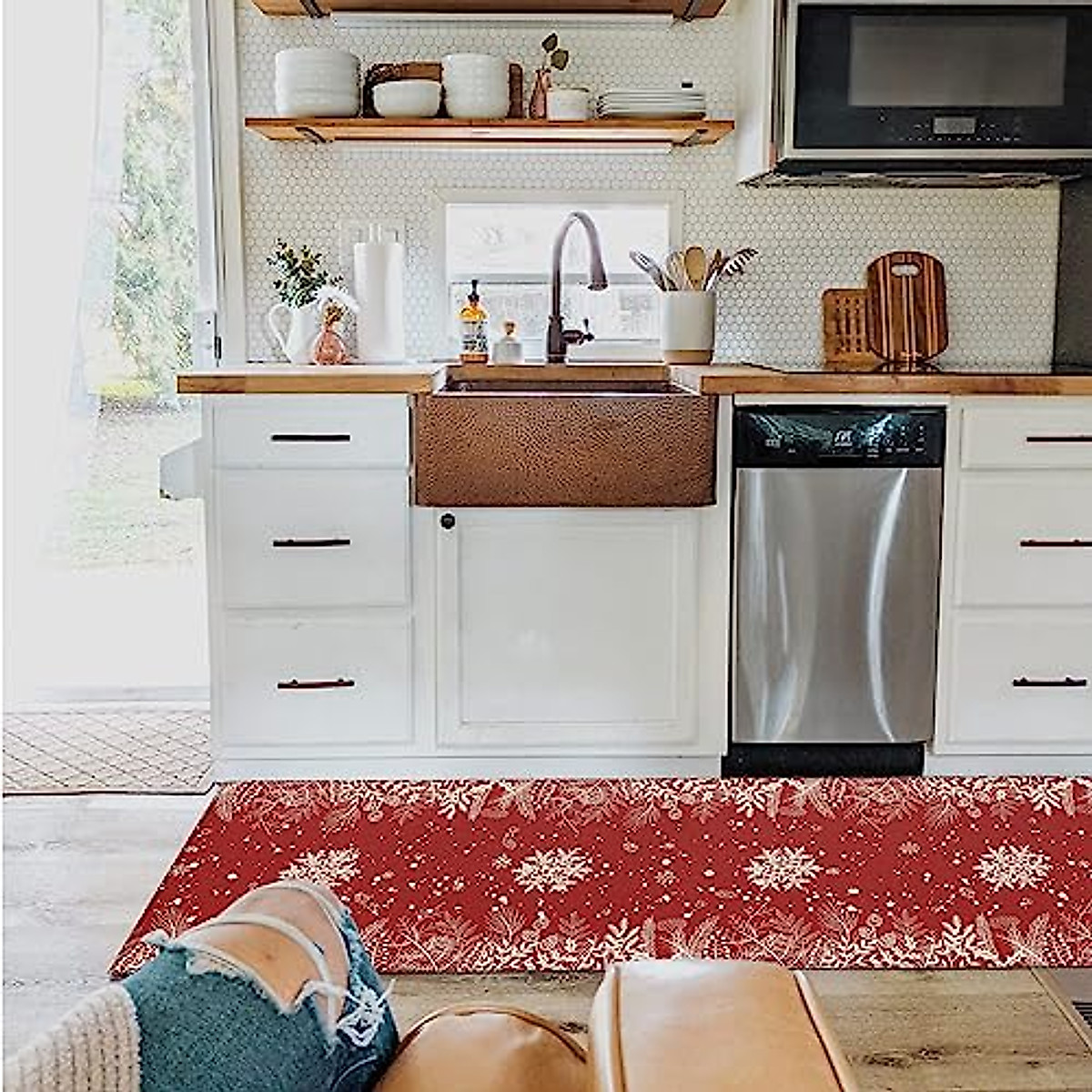 Christmas 2Pcs Kitchen Rugs, Anti Fatigue Kitchen Mat Non Slip Rug Runner Comfort Standing Floor Mats Kitchen Carpet Set for Sink, Laundry - Christmas Snowflakes with Plants Red Texture
