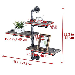 Industrial Pipe Wall Mount 3-Tiers Bookshelf, Metal&Wood Corner Shelves,DIY Storage Shelving Rustic Floating Shelves,Home Decor Shelves,Retro Gray