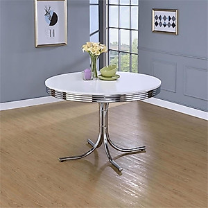 BOWERY HILL 42" Round Vintage Retro Dining Table in White and Chrome