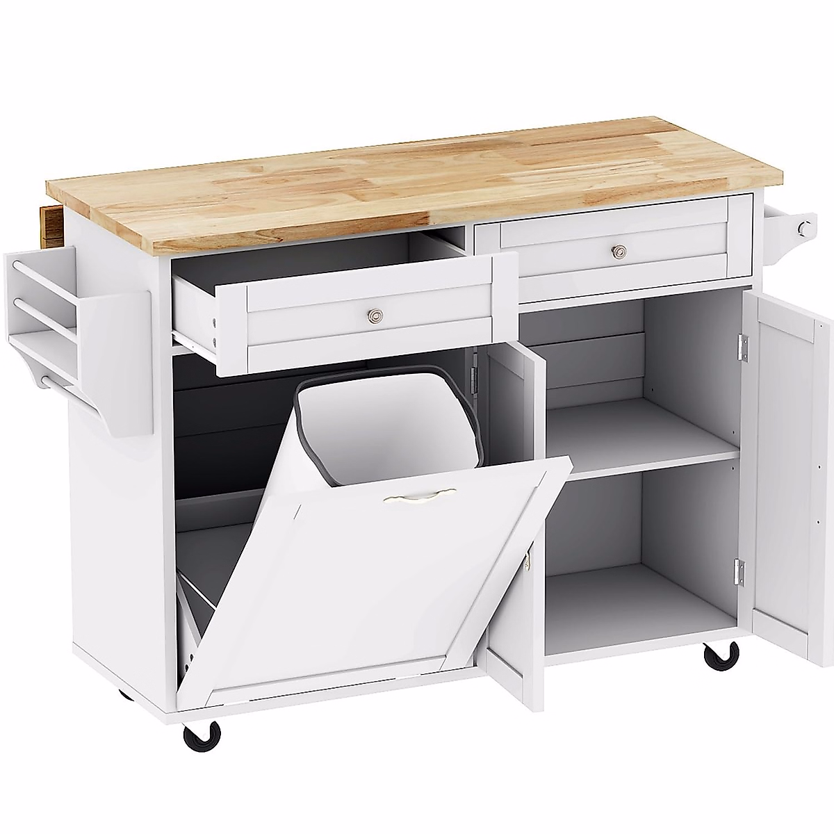 Large Kitchen Island with Drop Leaf,Kitchen Rolling Trash Cabinet Tilt Out 10 Gallon Storage W/2 Drawers,Movable Carts on Wheels with Spice Rack&Towel Rack for Home, Kitchen and Dining Room(White)