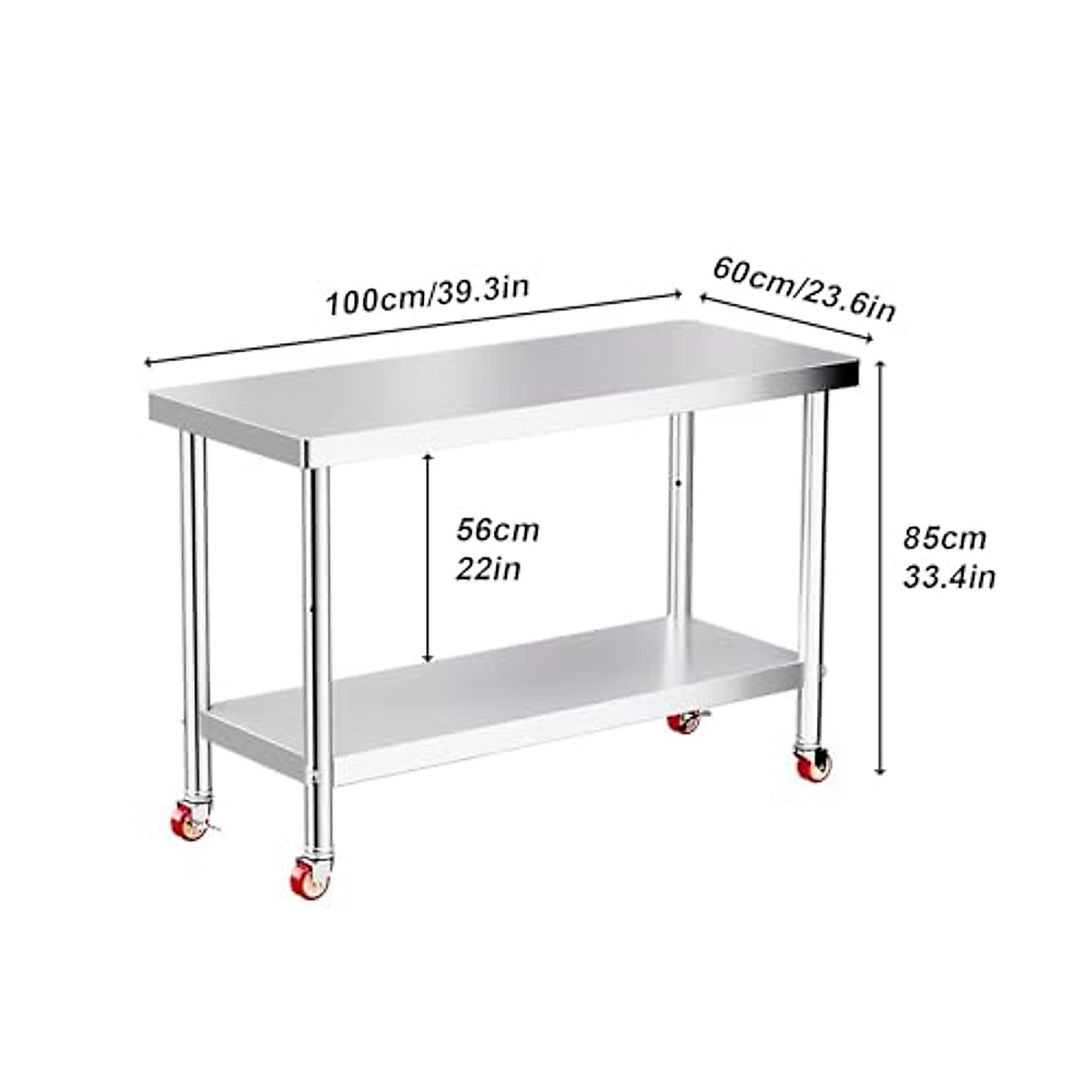 Stainless Steel Work Table with Wheels, Food Prep Work Table with Adjustable Under Shelf for Restaurant Home Outdoor(100x60cm/39.3x23.6in)