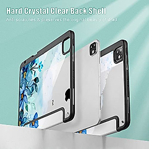 Lepeoac Designed for iPad Pro 12.9 Inch (2022/2021/2020/2018, 6th/5th/4th/3st Generation) with Transparent Shockproof Back Cover [Built-in Pencil Holder] Auto Sleep/Wake, Blue Flower