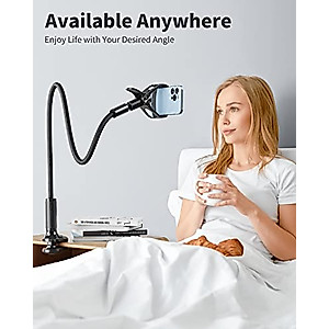 SAIJI Gooseneck Phone Holder for Bed Overall Length 38.6” Flexible Leather Wrapped Arm Overhead Cell Phone Mount Stand with 360° Adjustable Clamp Clip, Compatible with All 4-7” Cellphones (Black)