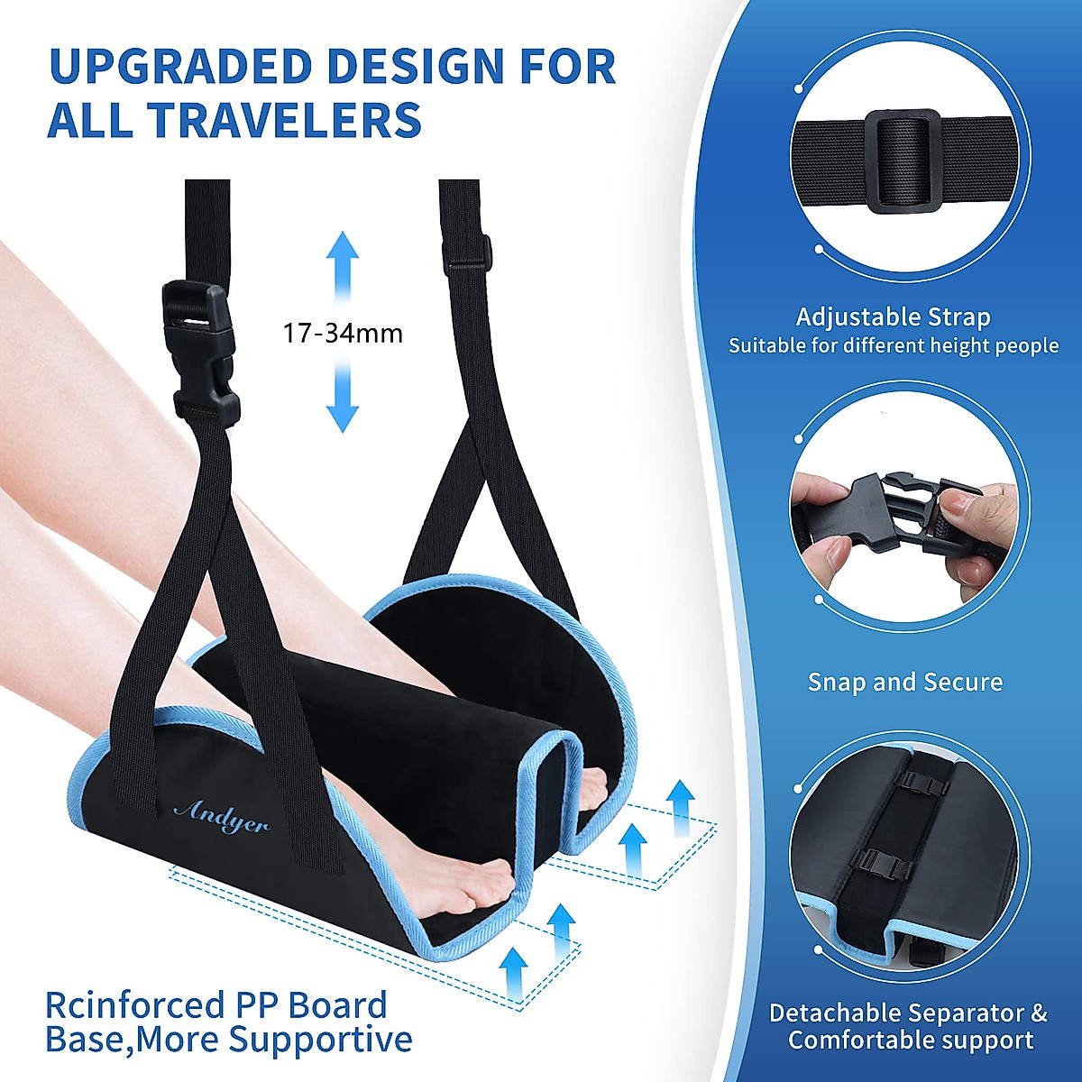 Upgraded Airplane Footrest (Memory Foam), Andyer 2 in 1 Adjustable Foot Rest for Airplane Travel Essentials, Portable Airplane Foot Hammock for Air Plane Flying Long Flight to Relax Your Feet and Leg
