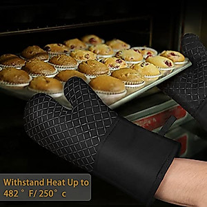 Oven Mits, Silicone Oven Mitts and Pot Holders Sets for Kitchen, Oven Mitts Heat Resistant 500°F High, Mittens for Kitchen Set Oven Gloves for Cooking and Baking (Black)
