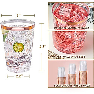 JOLLY CHEF 100 Pack Rose Gold Plastic Cups, 12 oz Clear Plastic Cups Tumblers, Elegant Rose Gold Rim Disposable Plastic Cups Perfect for Party Wedding
