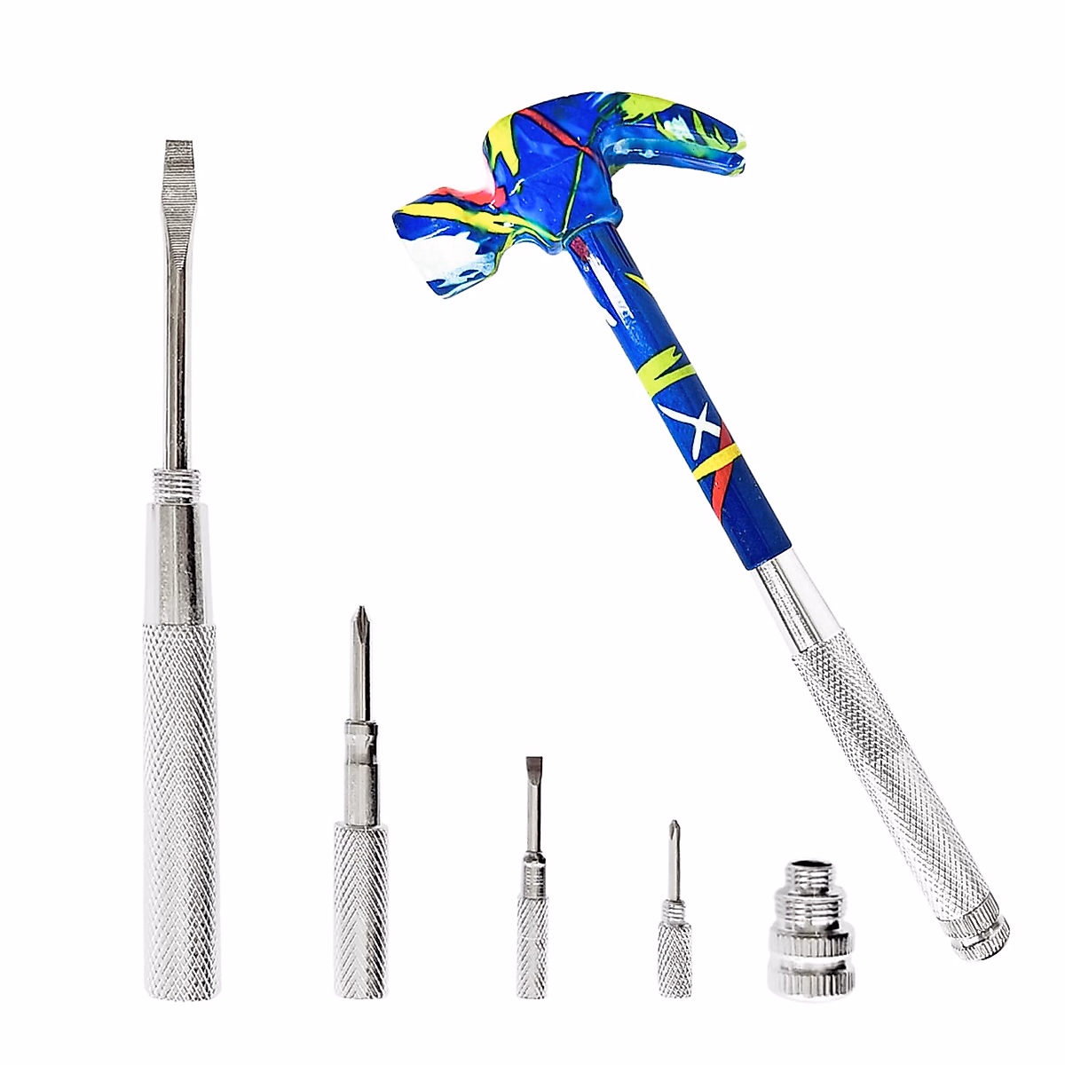 Floral Hammer with Screwdriver 6 in 1 Multifunctional Tool Set with Slotted/Flat Head Phillips Screwdriver & Nut Drivers Garden Tool Nail Puller Hammer Gift for Halloween Thanksgiving Christmas (Blue)