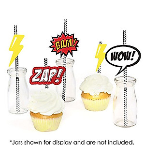 Big Dot of Happiness Bam Superhero Paper Straw Decor - Baby Shower or Birthday Party Striped Decorative Straws - Set of 24