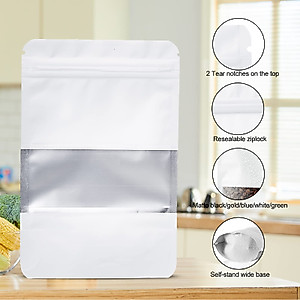 TOCKONIMN Stand-up Pouch Smell-Proof Edible Bag Packaging for Food-Storage 100 Pack Resealable Containers for Candy Products Heat Sealable Ziplock Bags with Clear Window (3.9"x5.9", white)