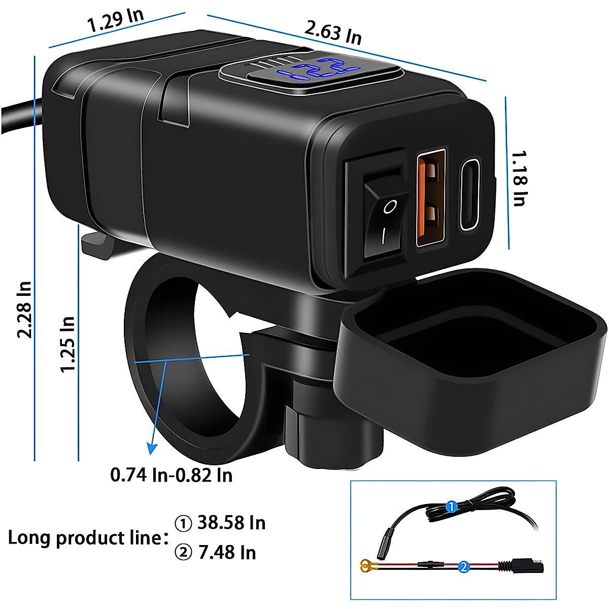 Ankuee Motorcycle USB Phone Charger, Waterproof SAE to USB Adapter with Voltmeter & ON/Off Switch, Dual Quick Charge 3.0 Charger, Motorcycle Accessories for Phone, Tablet, GPS, etc (Blue)