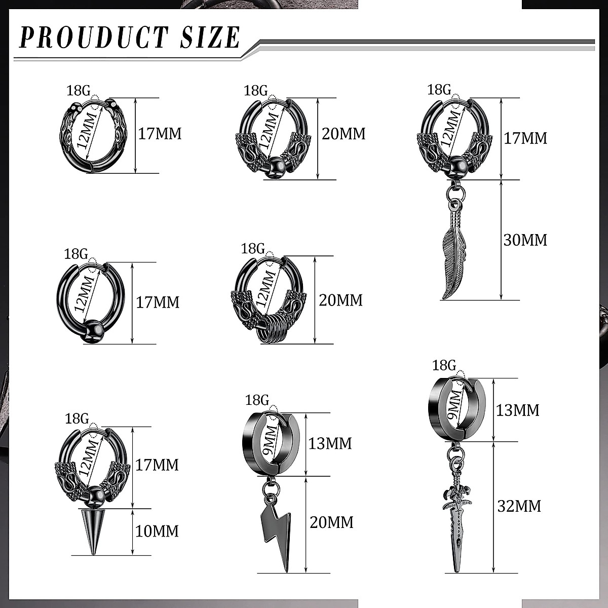 SAILIMUE 8Pairs Surgical Stainless Steel Huggie Hoop Earrings For Men Women Hypoallergenic Punk Hip Hop Cool Goth Earrings Black Silver Vintage Feather Drop Dangle Earrings Set