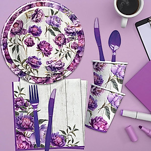 HIPVVILD Peony Party Decorations Dinnerware, Purple Peony Floral Party Supplies, Plate, Cup, Napkin, Cutlery, Tablecloth, Peony Flower Party Tableware For Birthday Bridal Baby Shower Wedding, Serve 24