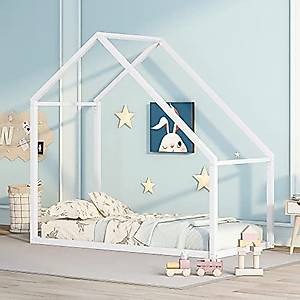 Prohon Montessori Bed for Girls & Boys, Twin Size Toddler Floor Bed Metal Bed Frame, Floor Beds Twin with Fence Rails & Roof Design, No Box Spring Needed, White