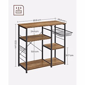 VASAGLE ALINRU Kitchen Baker’s Rack, Coffee Bar, Microwave Oven Stand, with Steel Frame, Wire Basket, 6 Hooks, for Mini Oven, Spices Utensils, Industrial, Rustic Walnut and Black UKKS090B41