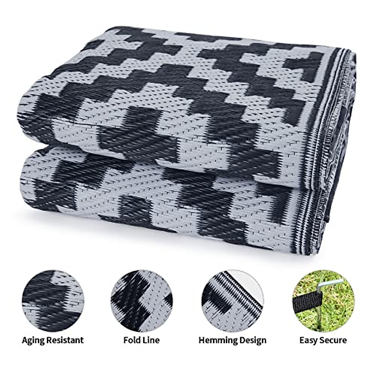 URBEST Outdoor Camping Mats Rugs Reversible Waterproof RV Deck Porch Plastic Rugs Black-White 5x8 Feet