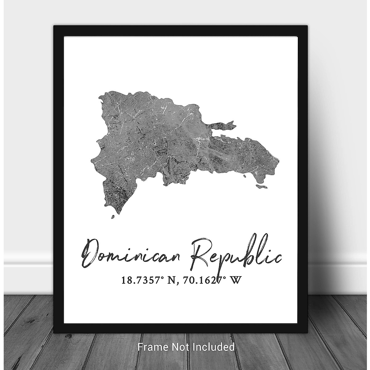 Dominican Republic Map Wall Art Print - 8x10 Silhouette Decor Print with Coordinates. Makes a Great DR-Themed Gift. Shades of Grey, Black & White.