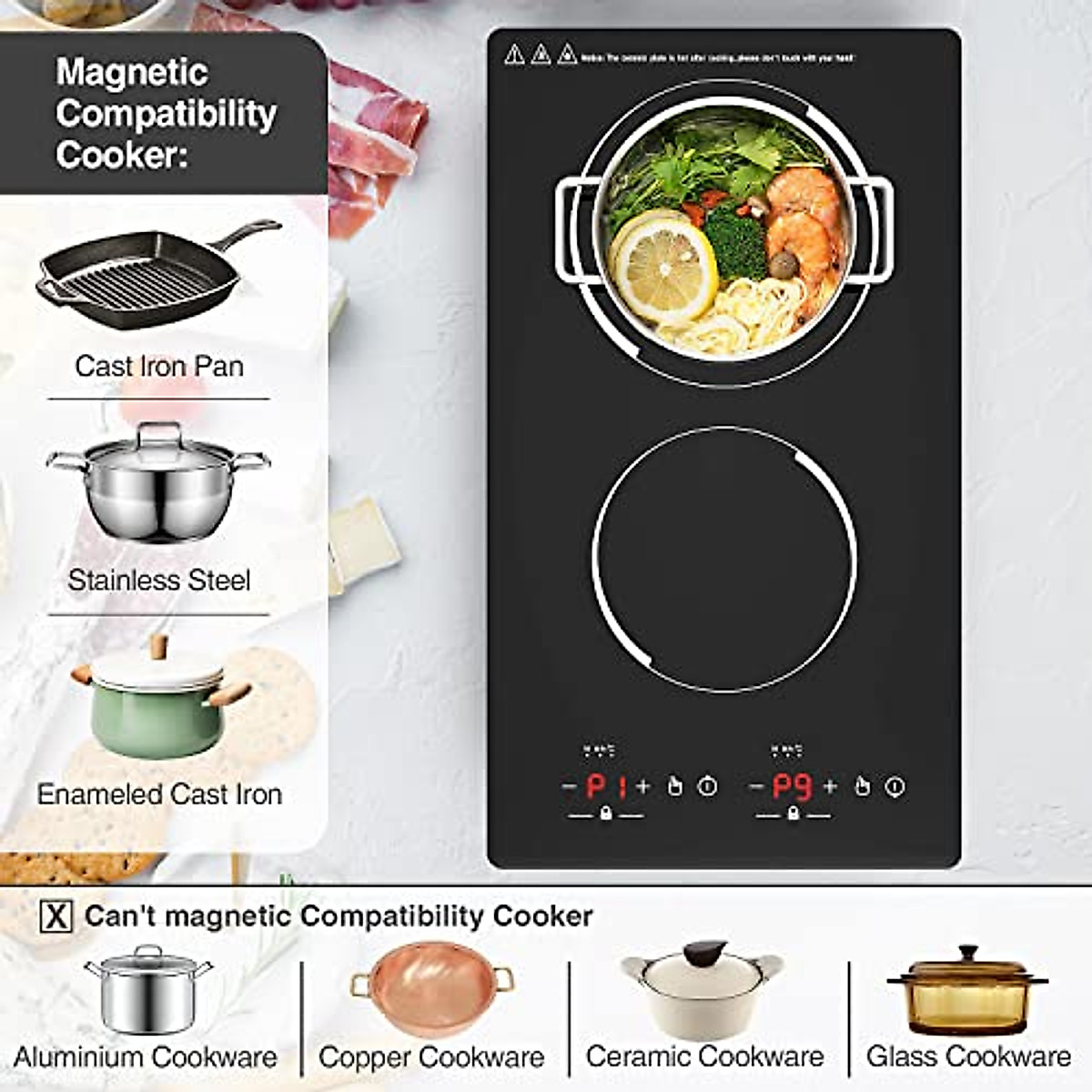 Double Induction Cooktop 2 Burners 12 inch Portable Countertop Burner and Built-in Cooktops 110v,with Sensor Touch Black Crystal LED Screen,9 Power Levels, Child Lock,120 Mins Timer