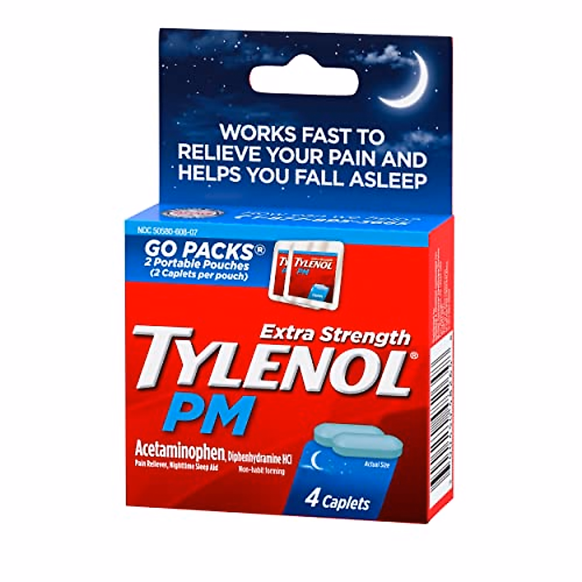 Tylenol PM Extra Strength Nighttime Pain Reliever Sleep Aid Caplets, 500 mg Acetaminophen, 25 mg Diphenhydramine HCl, Relief for Nighttime Aches & Pains, Travel Size, 2 Packs of 2 Caplets