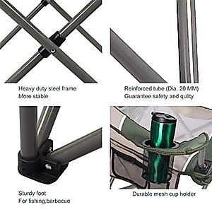 ALPHA CAMP Oversized Mesh Back Camping Folding Chair Heavy Duty Support 350 LBS Collapsible Steel Frame Quad Chair Padded Arm Chair with Cup Holder Portable for Outdoor (Black/Grey)