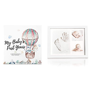Newborn Baby Keepsake Set Bundle - Baby First 5 Years Memory Book & Baby Handprint Footprint Keepsake Photo Frame - Baby Nursery Art Kit and Journal for Baby Boys & Girls