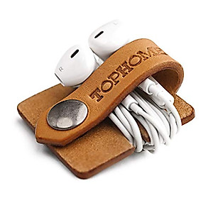 TOPHOME Cord Organizer Earbud Holder Earphones Headphones Winder Keeper Earbuds Case Storage Wrap Headset Genuine Leather Cable Organizer, Orange Yellow