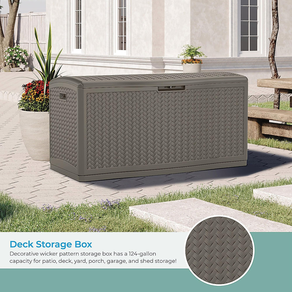 Suncast 124 Gallon Wicker Horizontal Outdoor Deck Box with Hinged Lid, Water-Resistant Storage Solution for Patio, Deck, Yard, and Garage, Stoney
